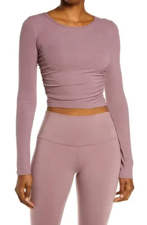 Alo Yoga Gather Long Sleeve Rib Crop Top Woodrose