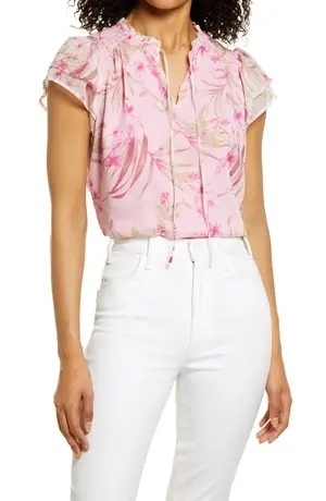 CECE DUPRAZ Serene Floral Print Flutter Sleeve Chiffon Blouse
