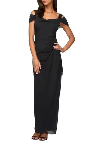 Alex Evenings Cold Shoulder Ruffle Gown - Black
