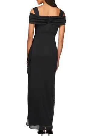 Alex Evenings Cold Shoulder Ruffle Gown - Black