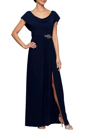 Alex Evenings Cowl Neck Beaded Waist Evening Gown - Navy