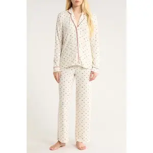 Nordstrom Brushed Hacci Pajamas Ivory- Green Micro Hearts