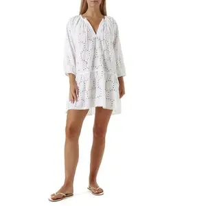 Melissa Odabash Ashley Eyelet Detail Cotton Cover-up Tunic - White Fan