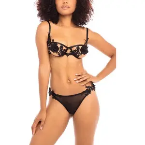 OH LA LA CHERI Embroide Lace Open Cup Bra & Thong Set - Black