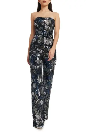 Dress The Population Andy Sequin Strapless Jumpsuit Navy Multi