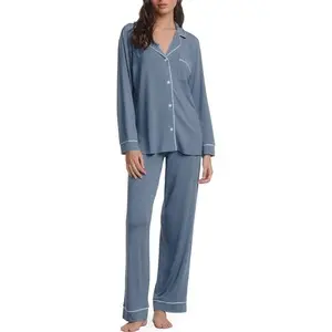 Eberjey Gisele Long Pajamas - Slate Blue/ivory