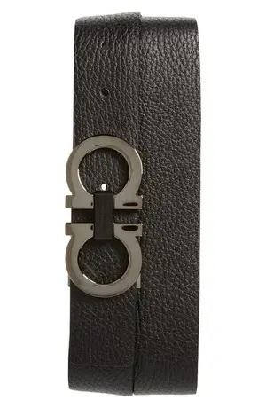 FERRAGAMO Reversible Double Gancio Belt - Black/hickory
