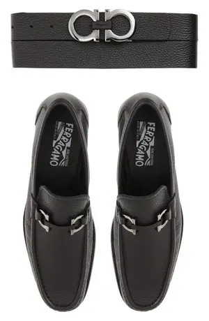 FERRAGAMO Reversible Double Gancio Belt - Black/hickory