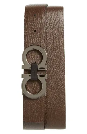 FERRAGAMO Reversible Double Gancio Belt - Black/hickory