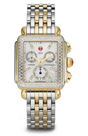 Michele MICHELE Deco Diamond Chronograph Stainless Steel Watch Gold/ Silver/ Mop
