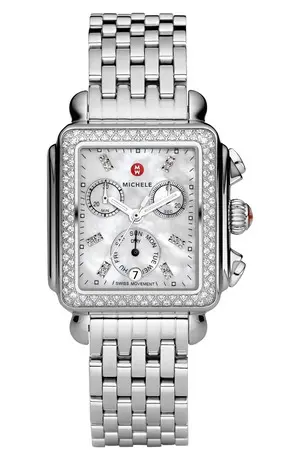 Michele MICHELE Deco Diamond Chronograph Stainless Steel Watch Silver/ White