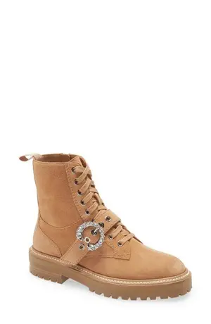 JIMMY CHOO Cora Crystal Buckle Combat Boots - Caramel/crystal