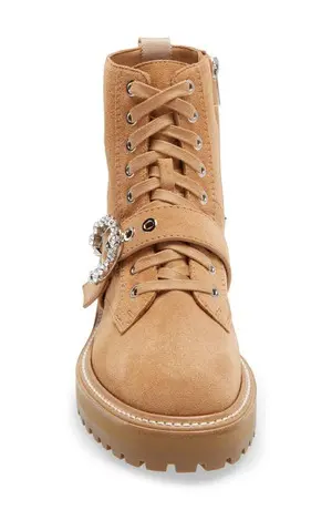JIMMY CHOO Cora Crystal Buckle Combat Boots - Caramel/crystal