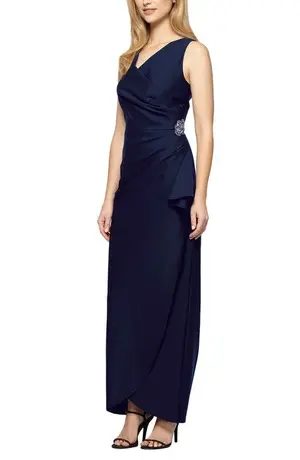 Alex Evenings Embellished Side Draped Column Gown - Navy