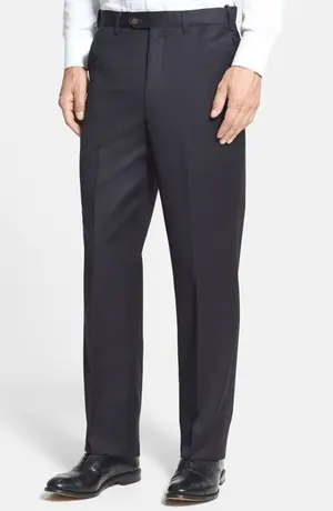 Berle Self Sizer Waist Flat Front Wool Gabardine Trousers - Black