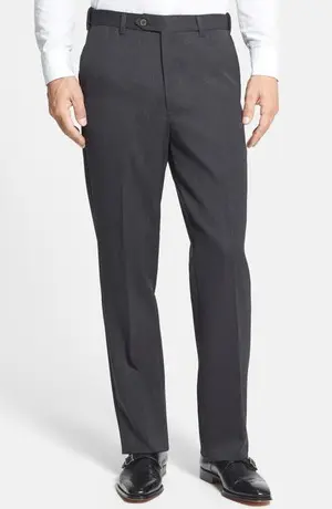 Berle Self Sizer Waist Flat Front Wool Gabardine Trousers - Charcoal