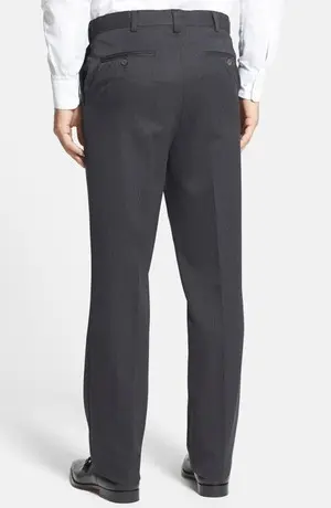 Berle Self Sizer Waist Flat Front Wool Gabardine Trousers - Charcoal