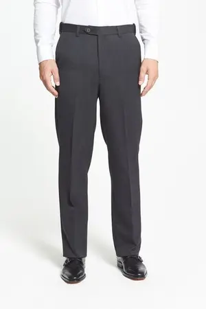 Berle Self Sizer Waist Flat Front Wool Gabardine Trousers - Charcoal