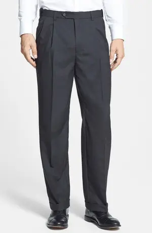 Berle Self Sizer Waist Pleated Trousers - Charcoal