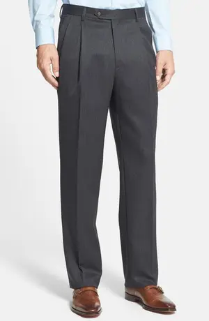 Berle Pleated Classic Fit Wool Gabardine Trousers - Charcoal