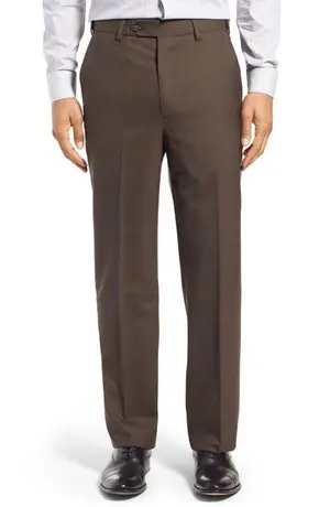Berle Self Sizer Waist Flat Front Trousers - Brown