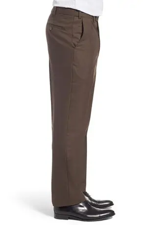 Berle Self Sizer Waist Flat Front Trousers - Brown
