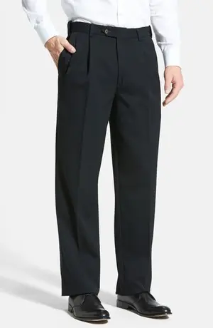 Berle Self Sizer Waist Pleated Classic Fit Wool Gabardine Dress Trousers - Black
