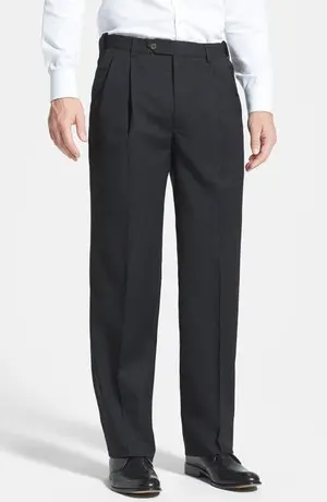 Berle Self Sizer Waist Pleated Classic Fit Wool Gabardine Dress Trousers - Charcoal