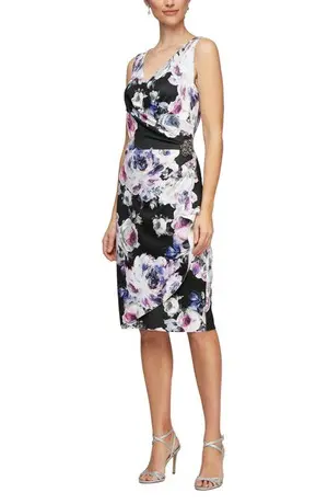 Alex Evenings Alex Evenings Contour Collection Ruched Cocktail Dress Black Multi