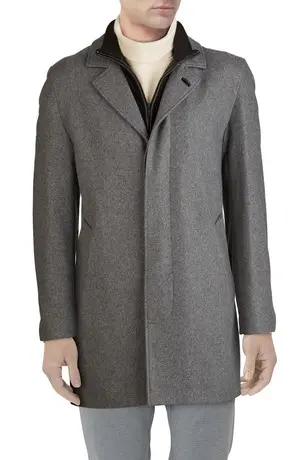 Cole Haan Wool-Blend Topcoat With Inset Knit Bib Light Grey