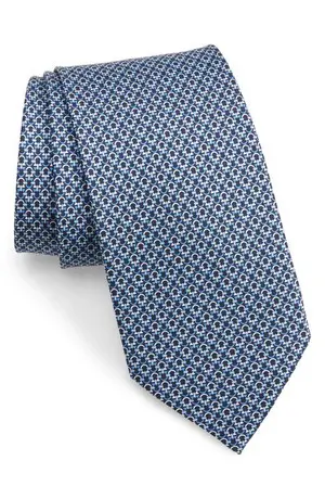 FERRAGAMO Gancini Pattern Silk Tie - F.navy/ Azzurro
