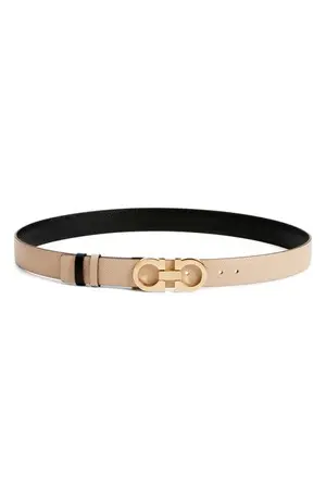 FERRAGAMO Reversible Gancini Leather Belt - Macadamia/ Nero