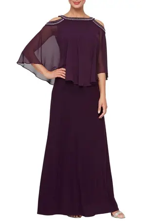 Alex Evenings Embellished Cold Shoulder Gown - Eggplant