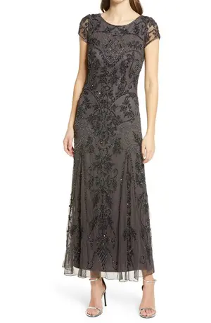 Pisarro Nights Beaded Mesh Column Gown Ash/ Blue