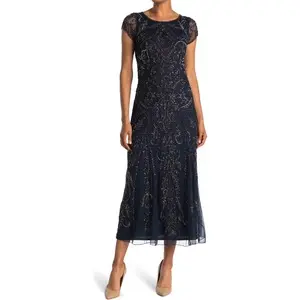 Pisarro Nights Pisarro Nights Beaded Tulle Midi Dress Navy/gold