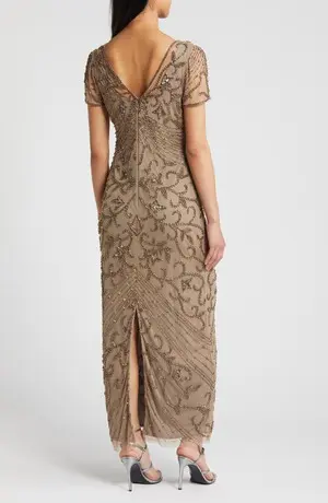 Pisarro Nights Beaded Mesh Column Gown - Oyster