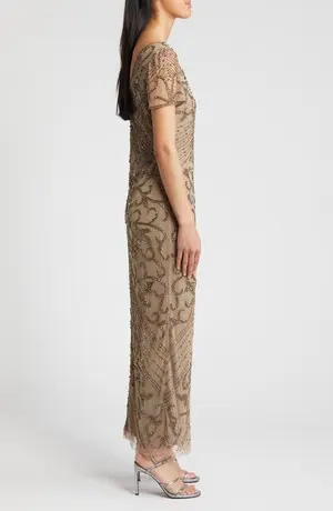 Pisarro Nights Beaded Mesh Column Gown - Oyster