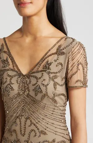 Pisarro Nights Beaded Mesh Column Gown - Oyster