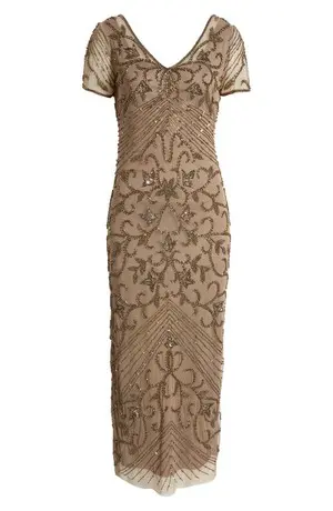 Pisarro Nights Beaded Mesh Column Gown - Oyster