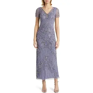 Pisarro Nights Beaded Mesh Midi Cocktail Dress - Violet