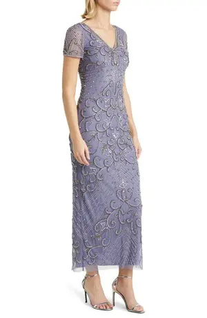 Pisarro Nights Beaded Mesh Midi Cocktail Dress - Violet