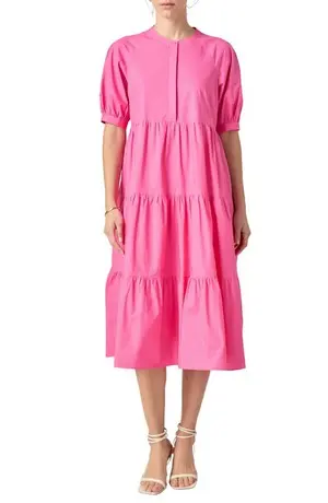 English Factory Puff Sleeve Tiered Midi Dress - Hot Pink