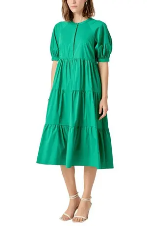 English Factory Puff Sleeve Tiered Midi Dress - Kelly Green