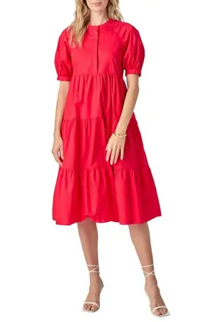 English Factory Puff Sleeve Tiered Midi Dress - Red
