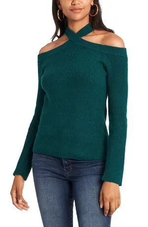 1.State Cross Neck Cold Shoulder Sweater