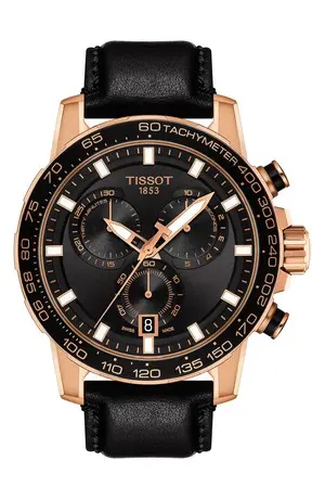 TISSOT Supersport Chronograph Leather Strap Watch Black/ Rose Gold