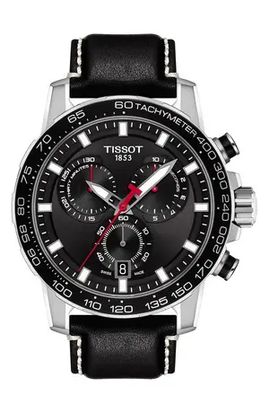 TISSOT Tissot Supersport Chronograph Leather Strap Watch Black/ Silver
