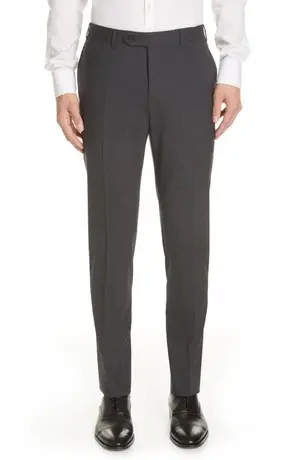 Canali Flat Front Classic Fit Stretch Wool Trousers - Charcoal