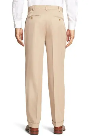 Berle Self Sizer Waist Pleated Classic Fit Microfiber Trousers - Tan