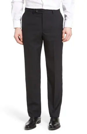 Berle Plain Weave Flat Front Trousers - Charcoal